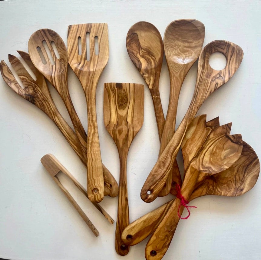 Natural OliveWood Kitchen Utensils including spoons, forks, spatulas ...